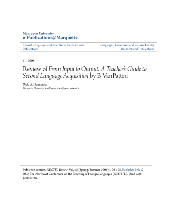 (PDF) Review of From Input to Output: A Teacher’s Guide to Second Language Acquisition by B ...