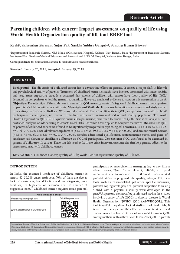 (PDF) Parenting children with cancer: Impact assessment on quality of ...