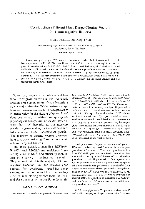 (PDF) Construction of broad host range cloning vectors for gram ...