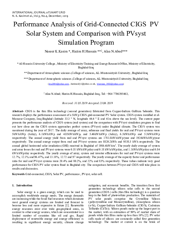 Pdf Performance Analysis Of Grid Connected Cigs Pv Solar System And Comparison With Pvsyst