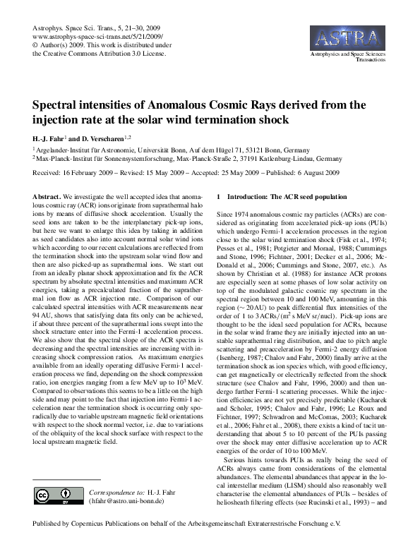 (PDF) Spectral intensities of Anomalous Cosmic Rays derived from the ...