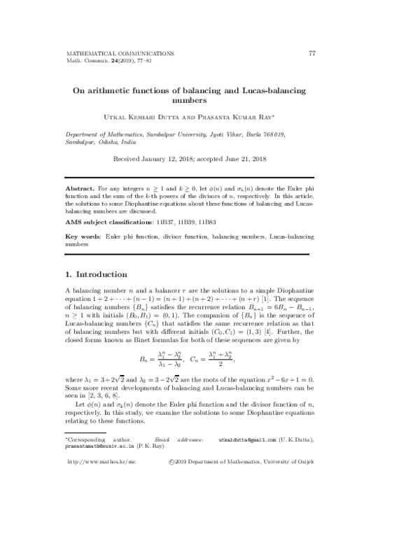 (PDF) On arithmetic functions of balancing and Lucas-balancing numbers