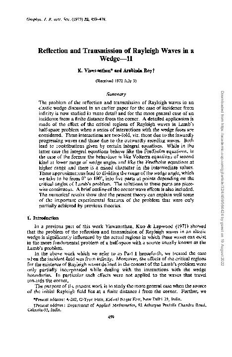 (PDF) Reflection and Transmission of Rayleigh Waves in a Wedge?I