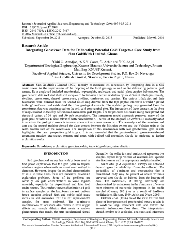 (PDF) Integrating Geoscience Data for Delineating Potential Gold ...