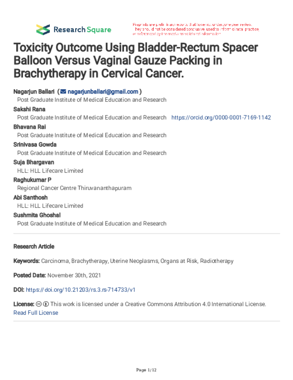 (PDF) Toxicity Outcome Using Bladder-Rectum Spacer Balloon Versus Vaginal Gauze Packing in ...