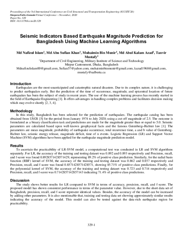 (PDF) Seismic Indicators Based Earthquake Magnitude Prediction for Bangladesh Using Machine ...