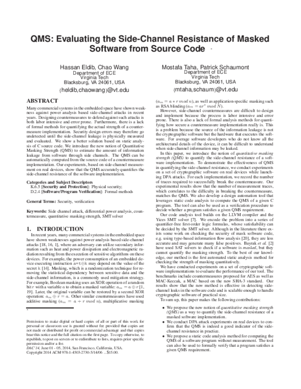 (PDF) QMS: Evaluating the side-channel resistance of masked software from source code | Mostafa ...