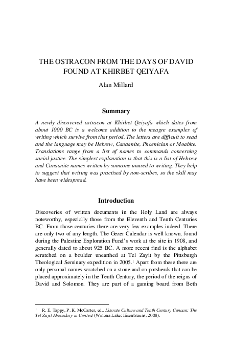 (PDF) The Ostracon from the Days of David Found at Khirbet Qeiyafa