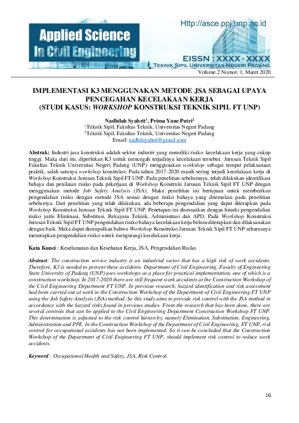 (PDF) Implementasi K3 Menggunakan Metode Jsa Sebagai Upaya Pencegahan Kecelakaan Kerja (Studi ...