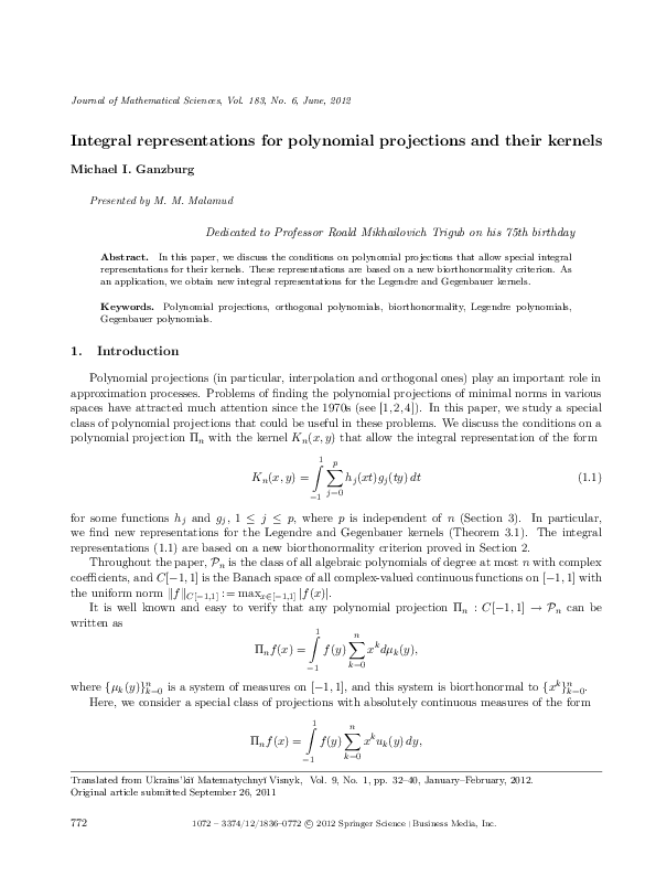(PDF) Integral representations for polynomial projections and their kernels