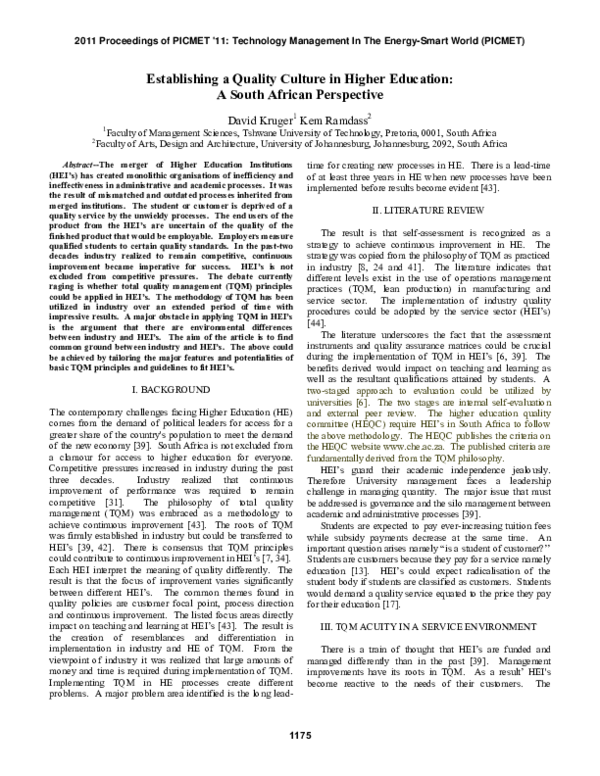 (PDF) Establishing a quality culture in Higher Education: A South ...