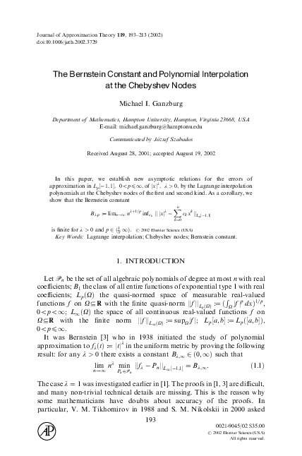 (PDF) The Bernstein Constant and Polynomial Interpolation at the Chebyshev Nodes
