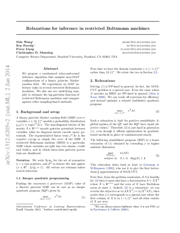 (PDF) Relaxations for inference in restricted Boltzmann machines