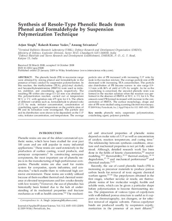 (PDF) Synthesis of resole-type phenolic beads from phenol and ...