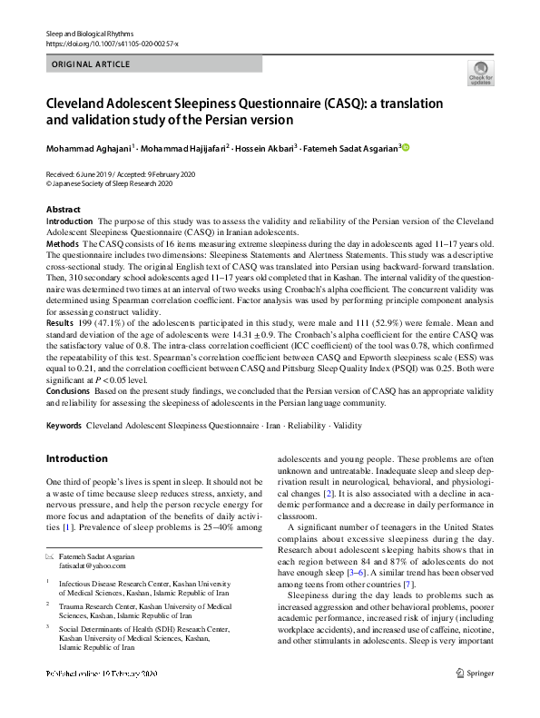 (PDF) Cleveland Adolescent Sleepiness Questionnaire (CASQ)