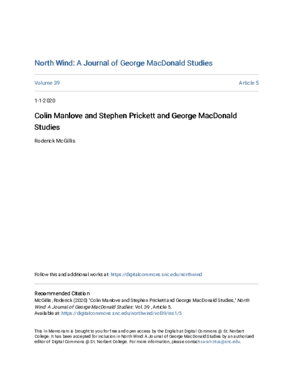 (PDF) Colin Manlove and Stephen Prickett and George MacDonald Studies