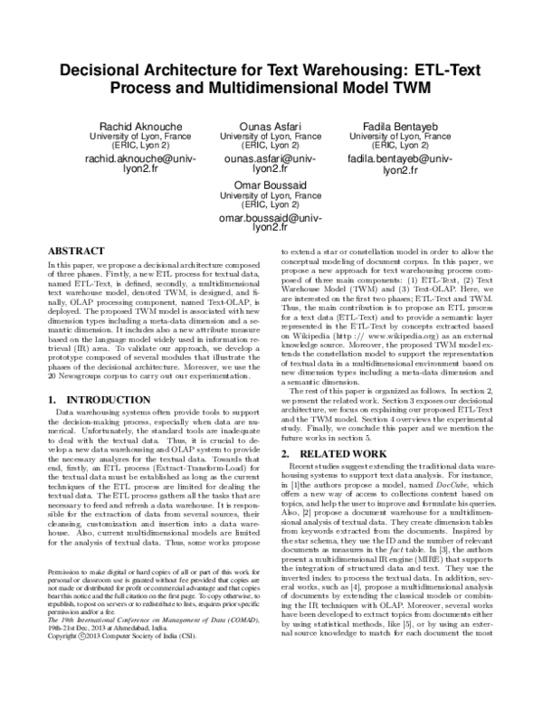 (PDF) Decisional architecture for Text Warehousing: ETL-Text Process and Multidimensional Model TWM