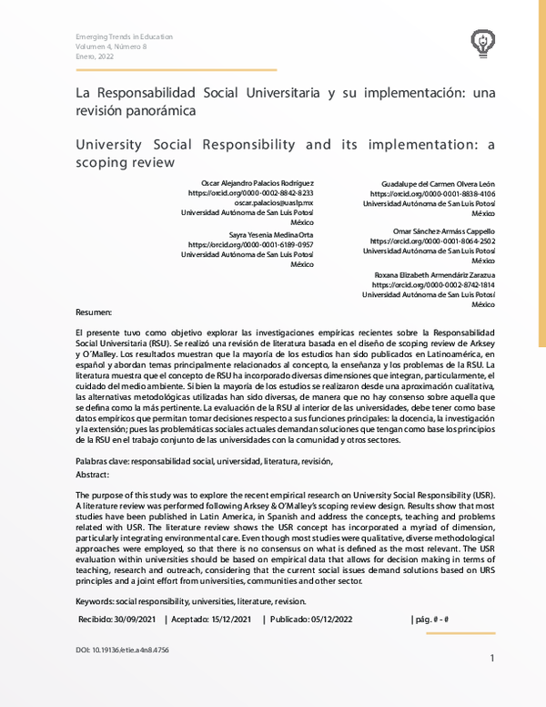 (PDF) La Responsabilidad Social Universitaria y su implementación: una revisión panorámica
