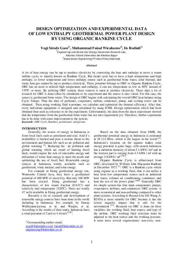 (PDF) Design Optimization and Experimental Data of Low Enthalpy Geothermal Power Plant Design by ...