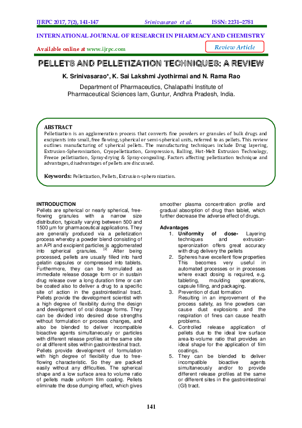 (PDF) Pellets and Pelletization Techniques: A Review