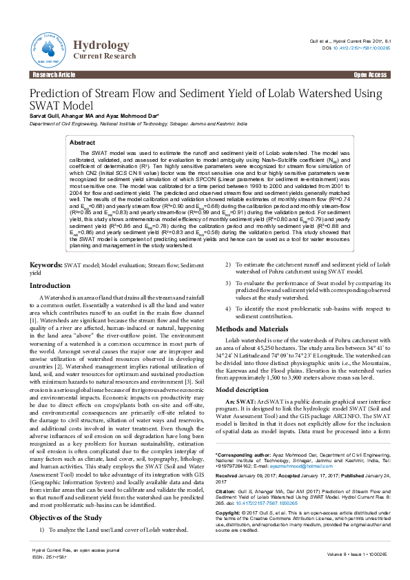 Pdf Prediction Of Stream Flow And Sediment Yield Of Lolab Watershed