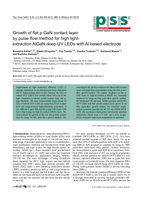 (PDF) Growth of flat p‐GaN contact layer by pulse flow method for high light‐extraction AlGaN ...
