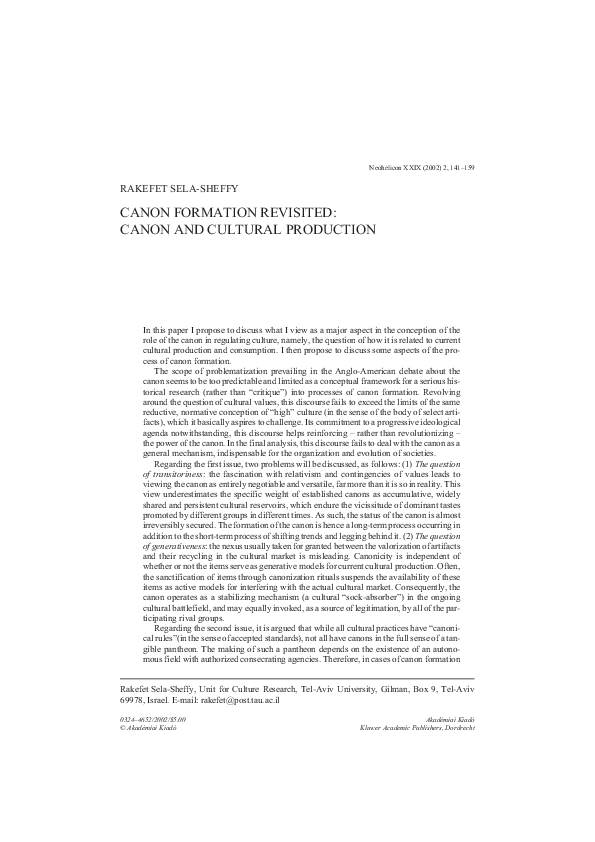 (PDF) Canon Formation Revisited: Canon and Cultural Production