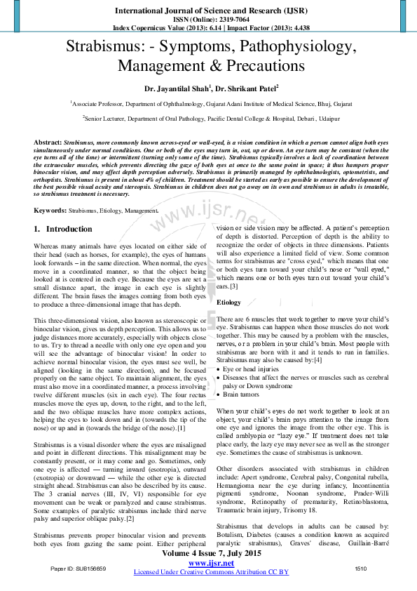 (PDF) Strabismus :-Symptoms , Pathophysiology , Management & Precautions