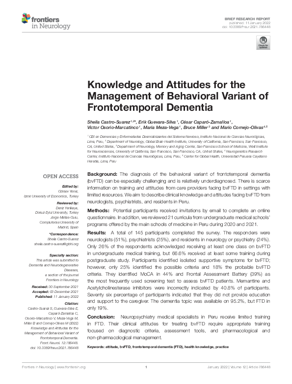 (PDF) Knowledge and Attitudes for the Management of Behavioral Variant of Frontotemporal Dementia