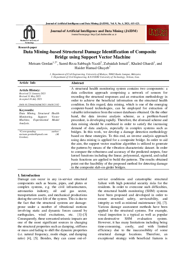 (PDF) Data Mining-based Structural Damage Identification of Composite Bridge using Support ...