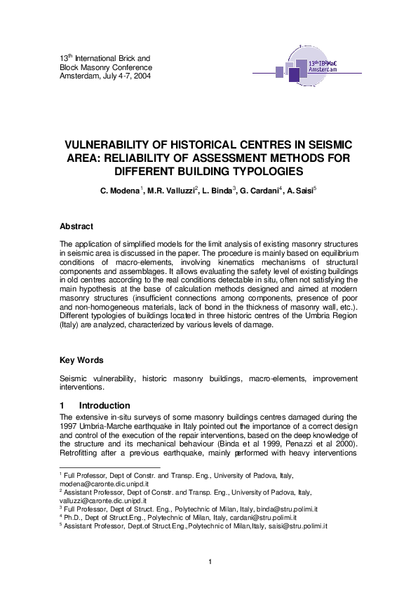 (PDF) Vulnerability of Historical Centres in Seismic Area: Reliability of Assessment Methods for ...