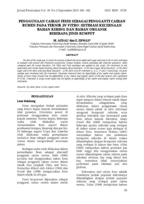 (PDF) Penggunaan Cairan Feses Sebagai Pengganti Cairan Rumen Pada Teknik in Vitro : Estimasi ...