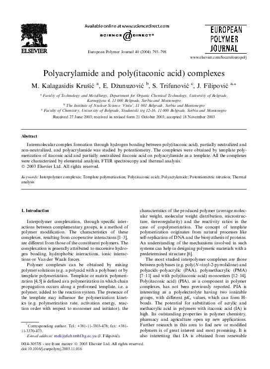 (PDF) Polyacrylamide and poly(itaconic acid) complexes