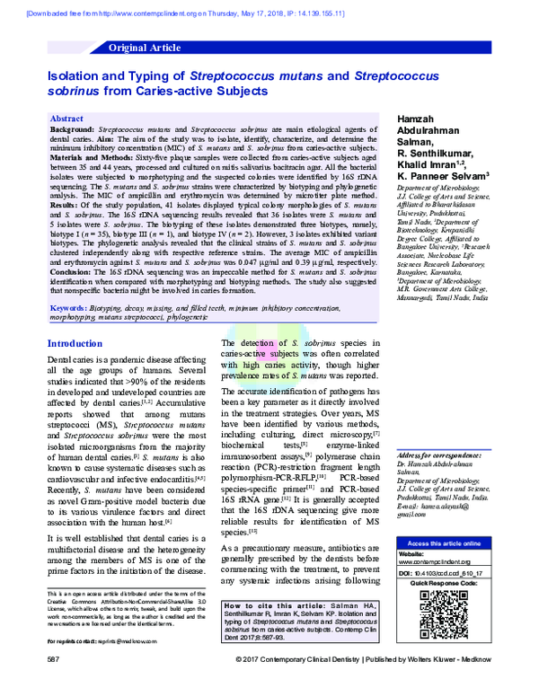 Pdf Isolation And Typing Of Streptococcus Mutans And Streptococcus Sobrinus From Caries Active