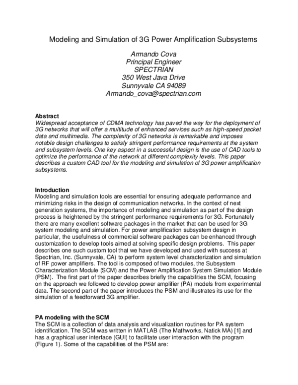 (PDF) Modeling and Simulation of 3G Power Amplification Subsystems
