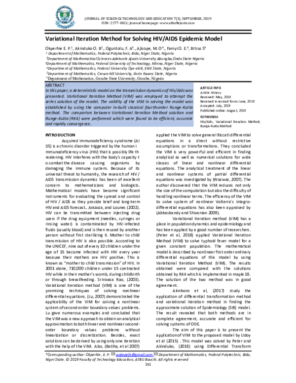 Pdf Variational Iteration Method For Solving Hivaids Epidemic Model 0565