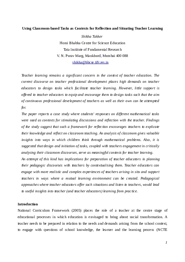 (PDF) Using Classroom-based Tasks as Contexts for Reflection and ...