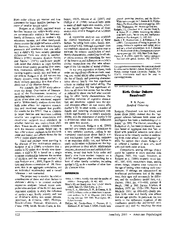 (PDF) Birth order and intelligence: Together again for the last time?