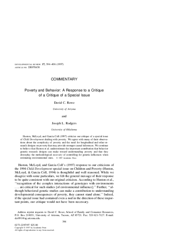 (PDF) Poverty and Behavior: A Response to a Critique of a Critique of a ...