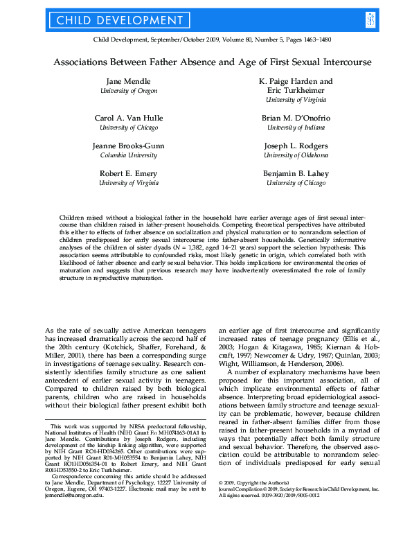 Pdf Associations Between Father Absence And Age Of First Sexual