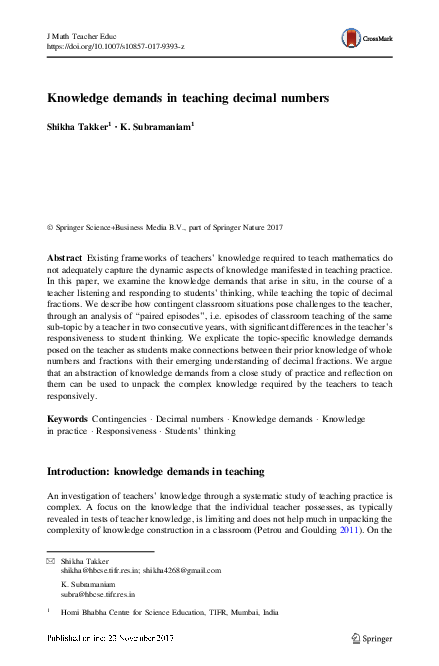 (PDF) Knowledge demands in teaching decimal numbers