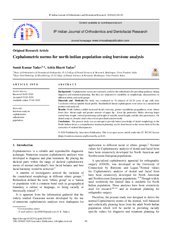 (PDF) Cephalometric norms for north indian population using burstone analysis