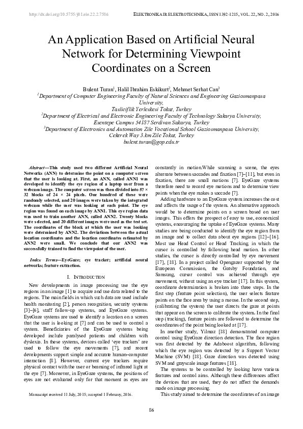 Pdf An Application Based On Artificial Neural Network For Determining Viewpoint Coordinates On