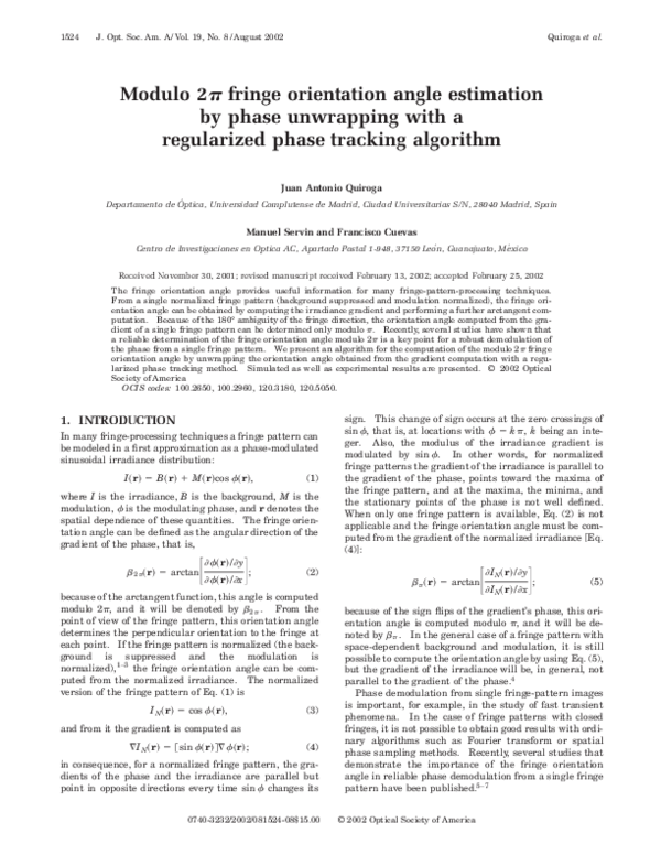 Pdf Modulo 2π Fringe Orientation Angle Estimation By Phase Unwrapping With A Regularized Phase