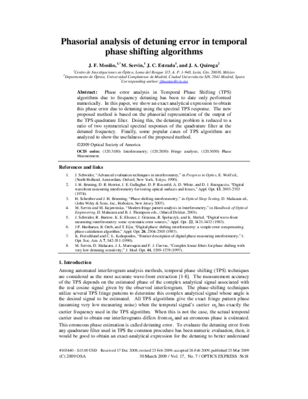 (PDF) Phasorial analysis of detuning error in temporal phase shifting algorithms