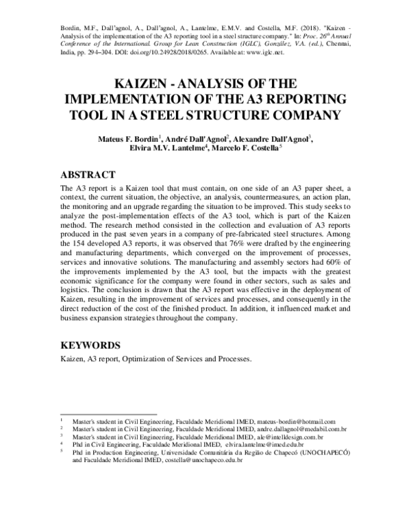 (PDF) KAIZEN -ANALYSIS OF THE IMPLEMENTATION OF THE A3 REPORTING TOOL IN A STEEL STRUCTURE ...
