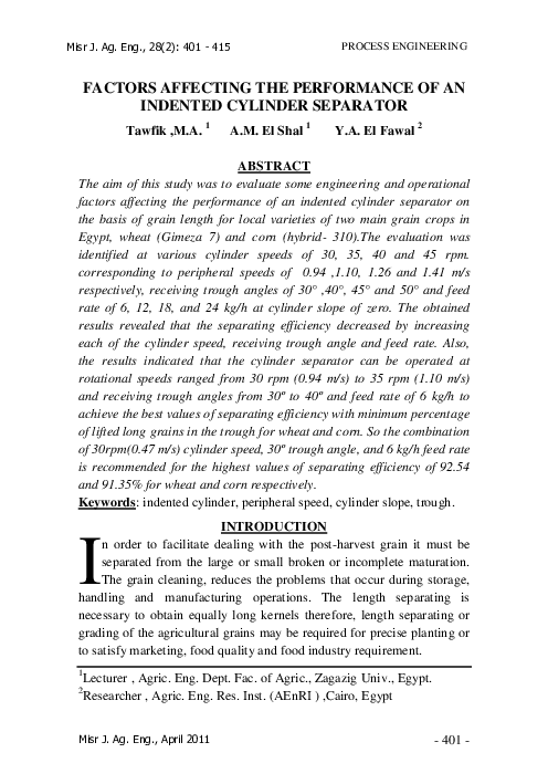 (PDF) Factors Affecting the Performance of an Indented Cylinder Separator