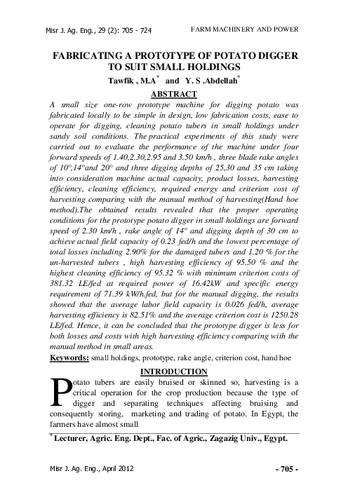 (PDF) Fabricating a Prototype of Potato Digger to Suit Small Holdings