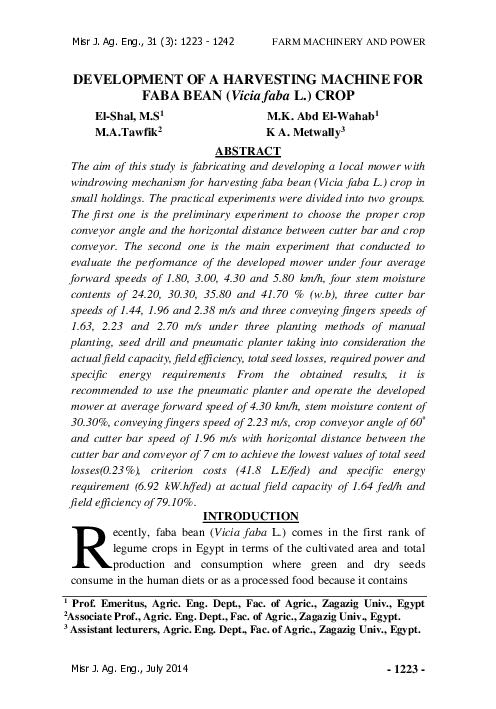 (PDF) DEVELOPMENT OF A HARVESTING MACHINE FOR FABA BEAN (Vicia faba L.) CROP
