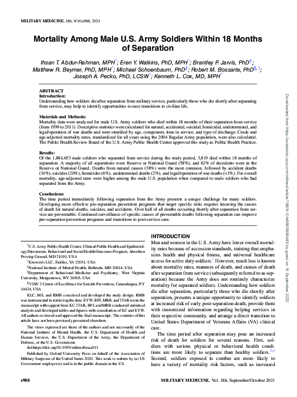 (PDF) Mortality Among Male U.S. Army Soldiers Within 18 Months of ...